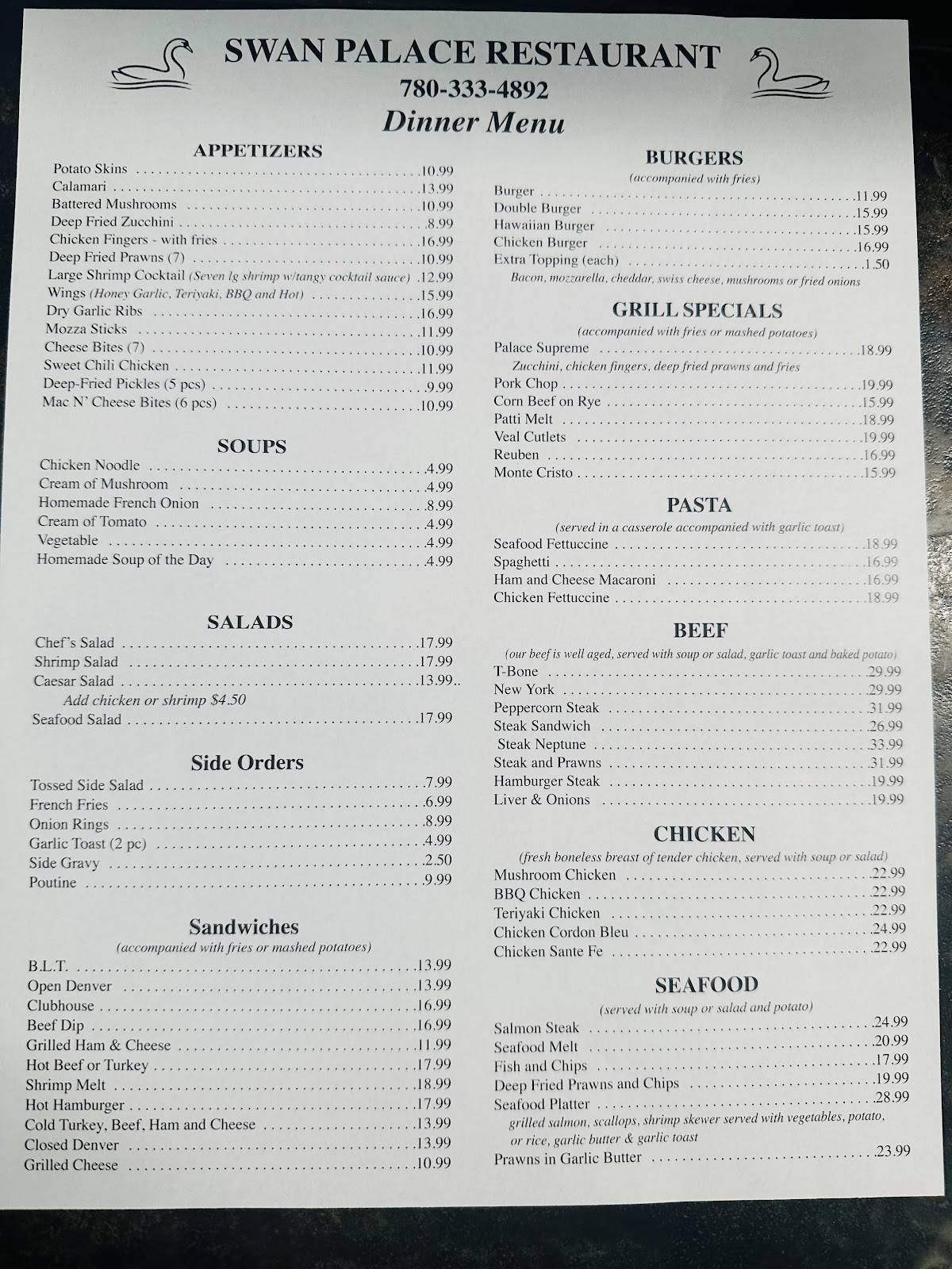 Menu at Swan Palace Restaurant, Swan Hills