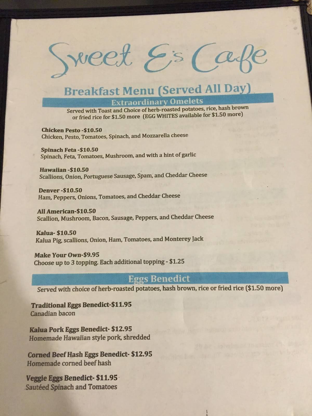 Menu at Sweet E's Café cafe, Honolulu