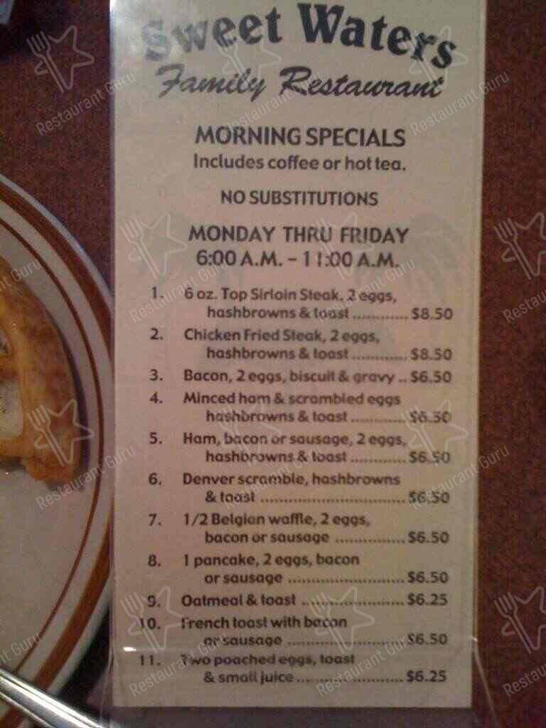 Menu at Sweet Waters Family Restaurant & Oasis Lounge, Albany