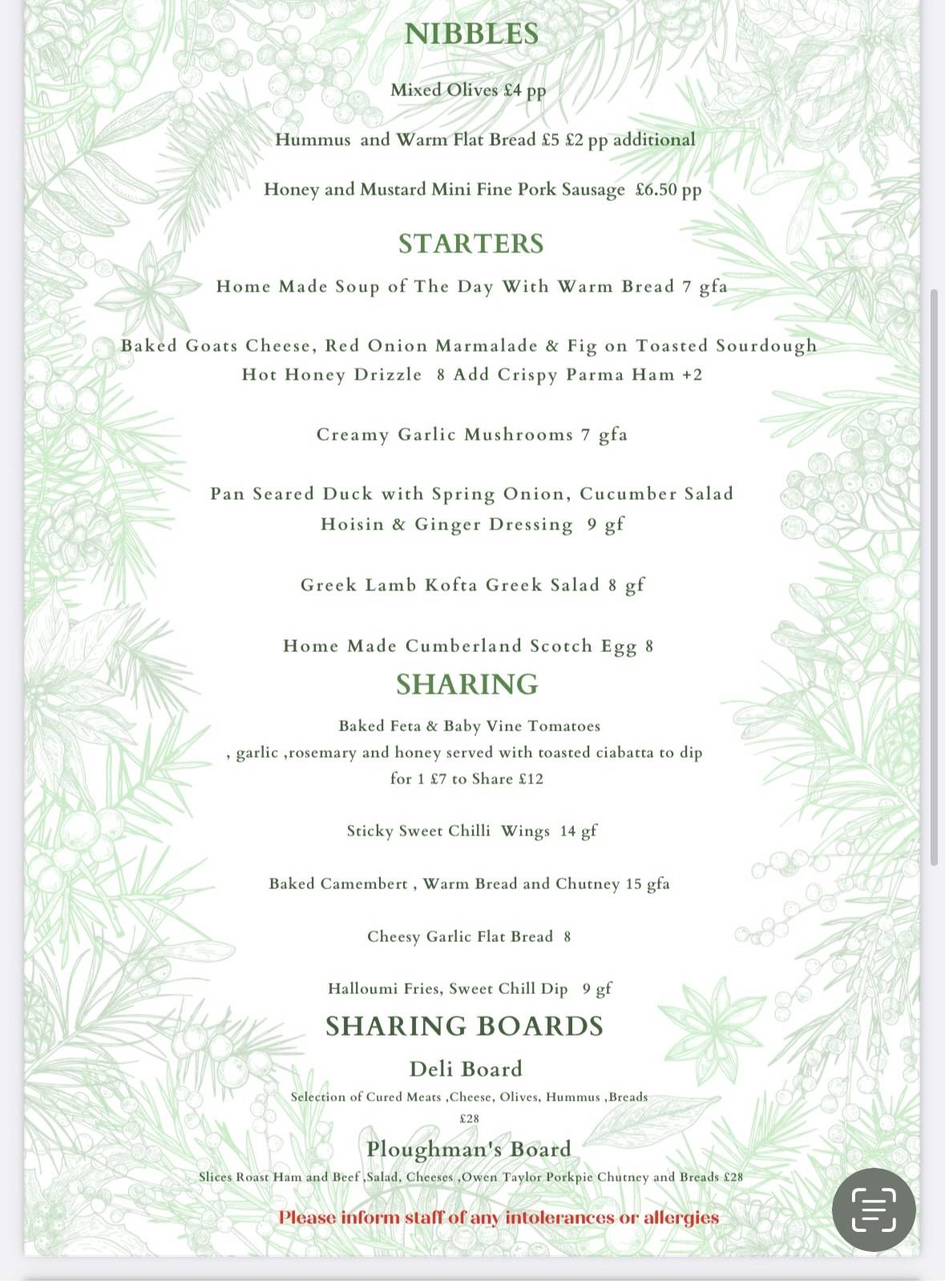 Menu at Sycamore Inn, Parwich pub & bar, Parwich