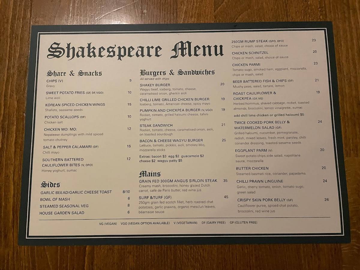Menu at Shakespeare Hotel pub & bar, Sydney