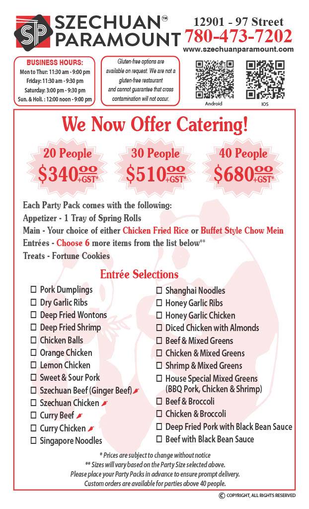 Menu at Szechuan Paramount Restaurant, Edmonton, 97 St NW