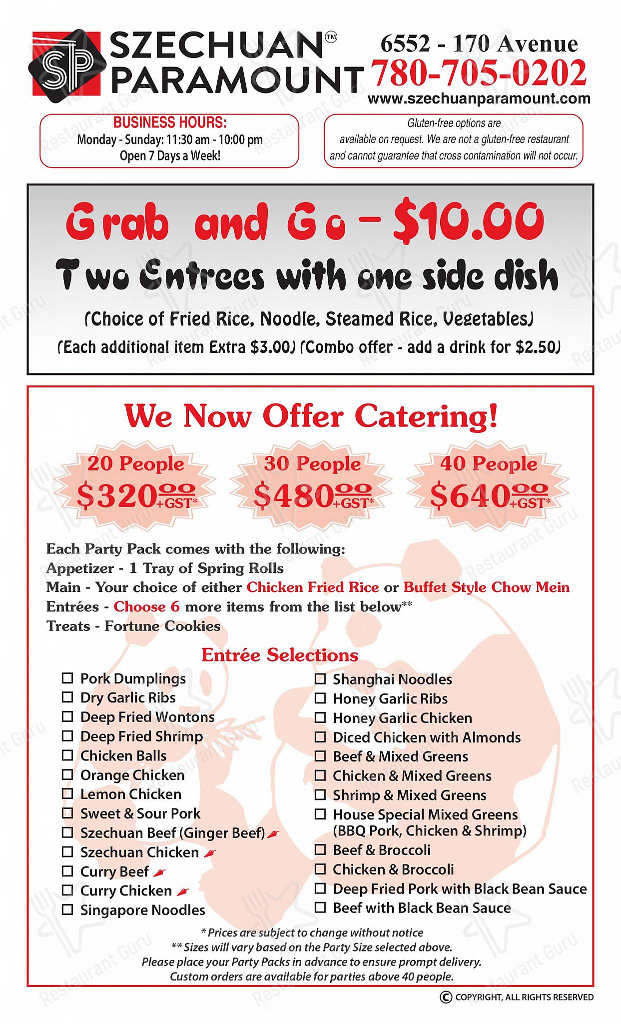 Menu at Szechuan Paramount Restaurant, Edmonton, 97 St NW