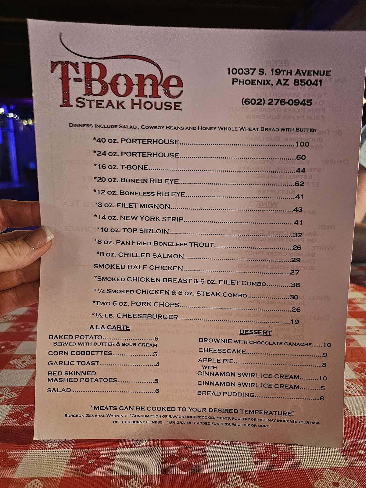 Menu at T-Bone Steak House steakhouse, Phoenix