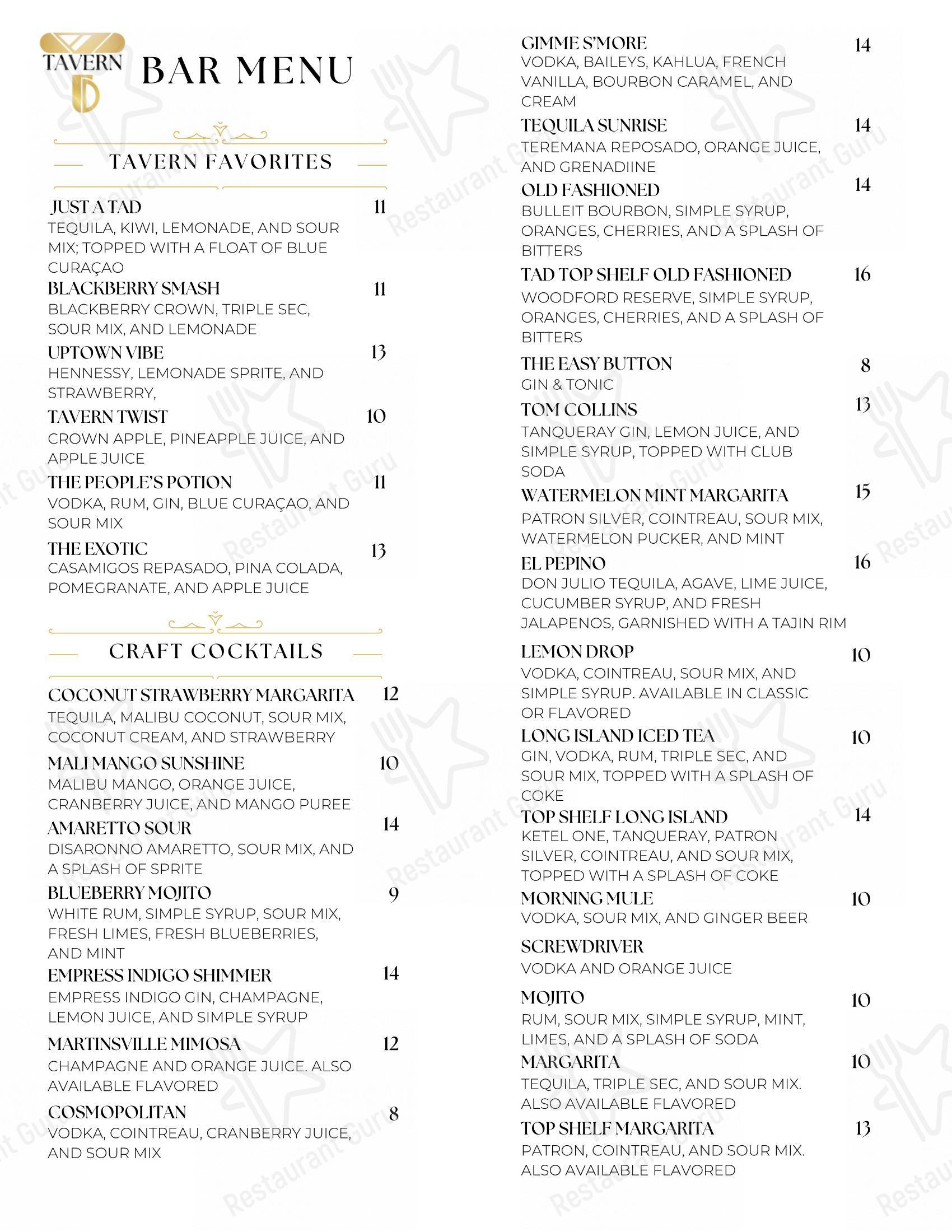 Menu at TAD Tavern pub & bar, Martinsville