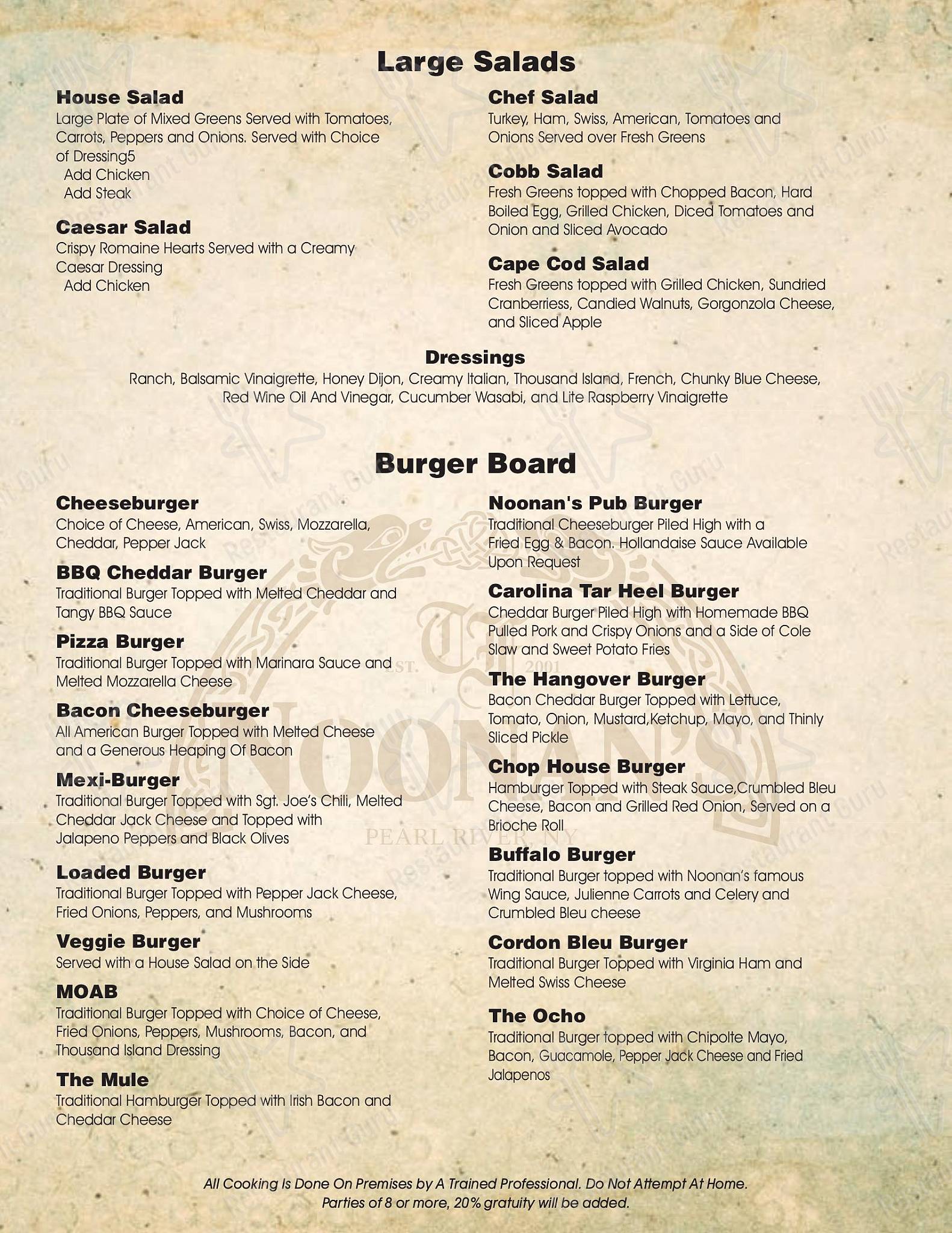 Menu at T.F. Noonan's pub & bar, Pearl River