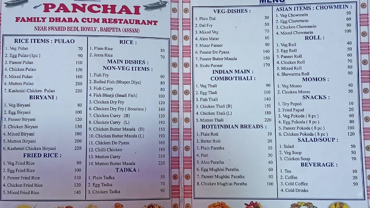 Menu at THE PANCHAI DHABA, India