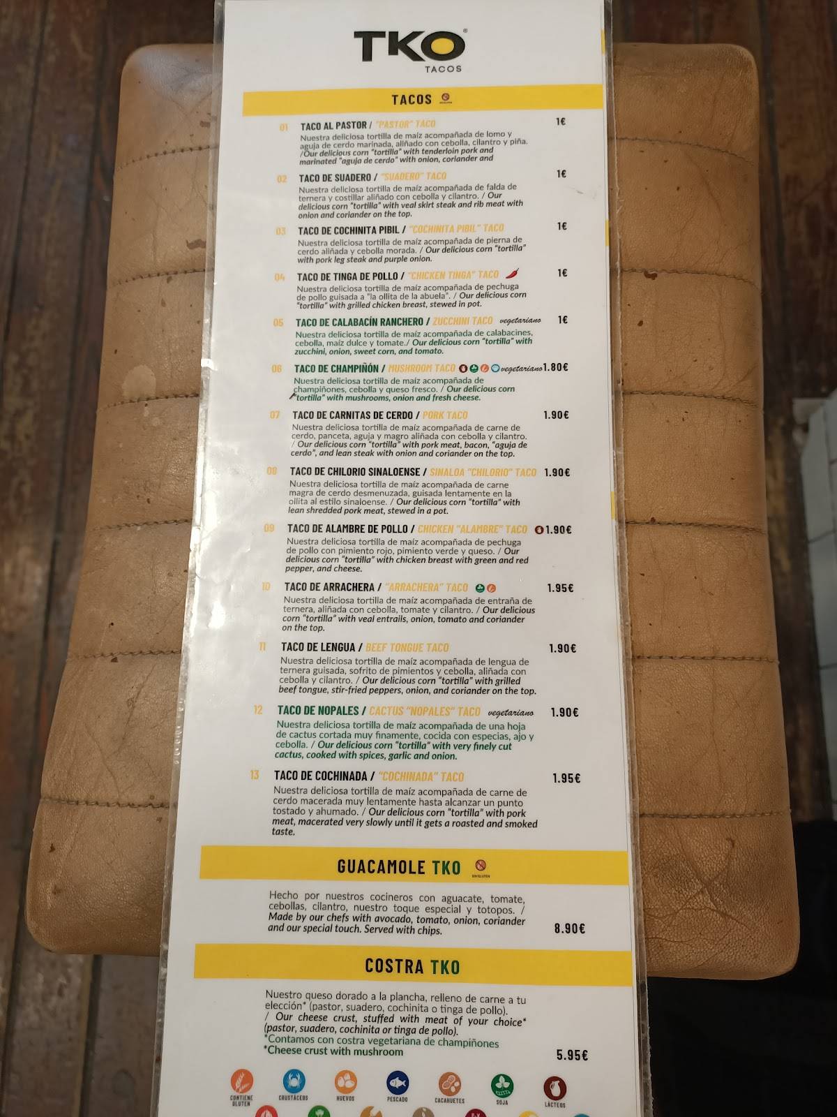 Carta del restaurante TKO Tacos Cádiz, Cádiz, C. Cristóbal Colón