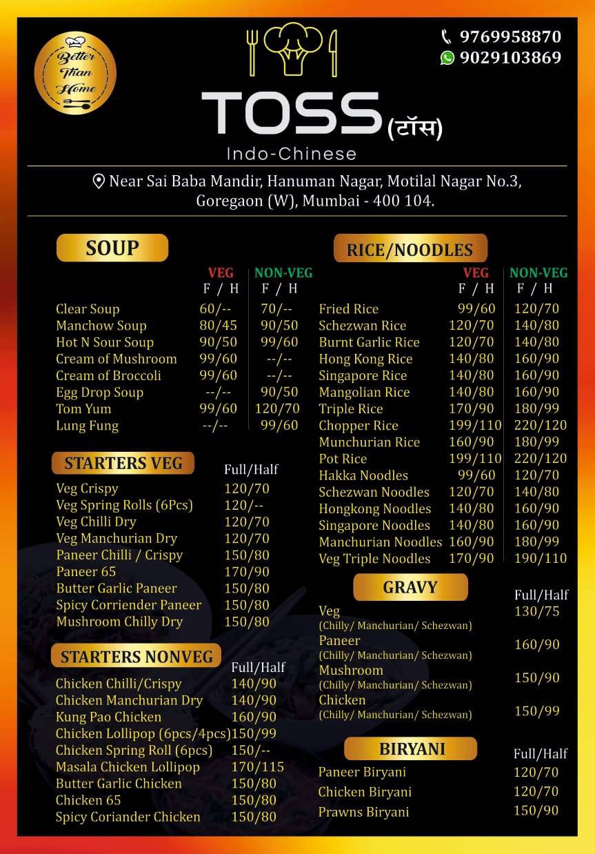 Menu at TOSS, Mumbai