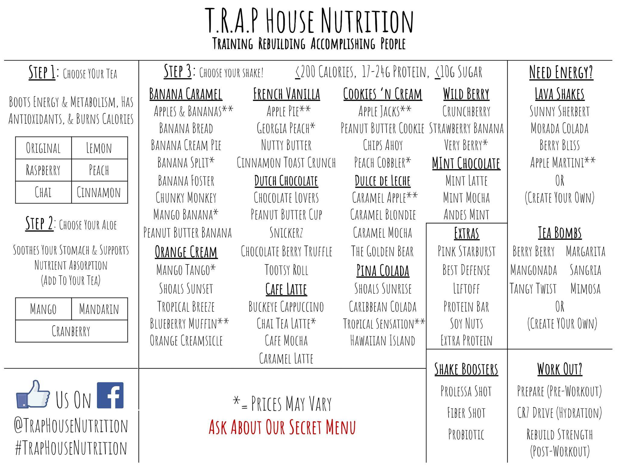 Menu at TRAP House Nutrition pub & bar, Muscle Shoals