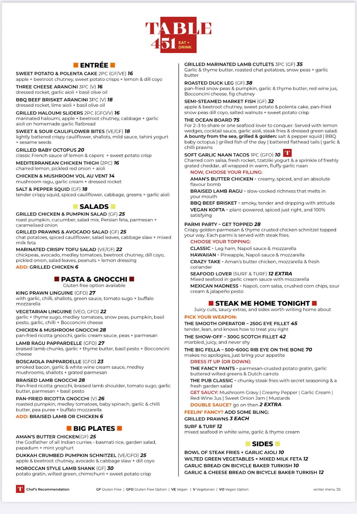 Menu at Table 451 Eat + Drink restaurant, Albury