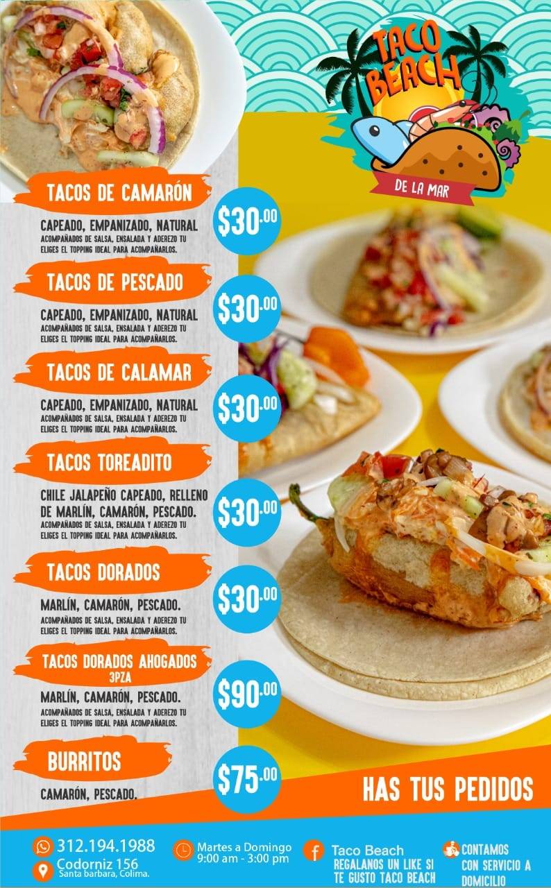Menu at Taco Beach Tacubaya restaurant, Colima