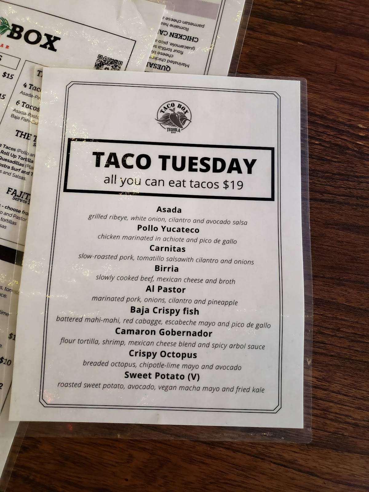 Menu at Taco Box restaurant, Aventura