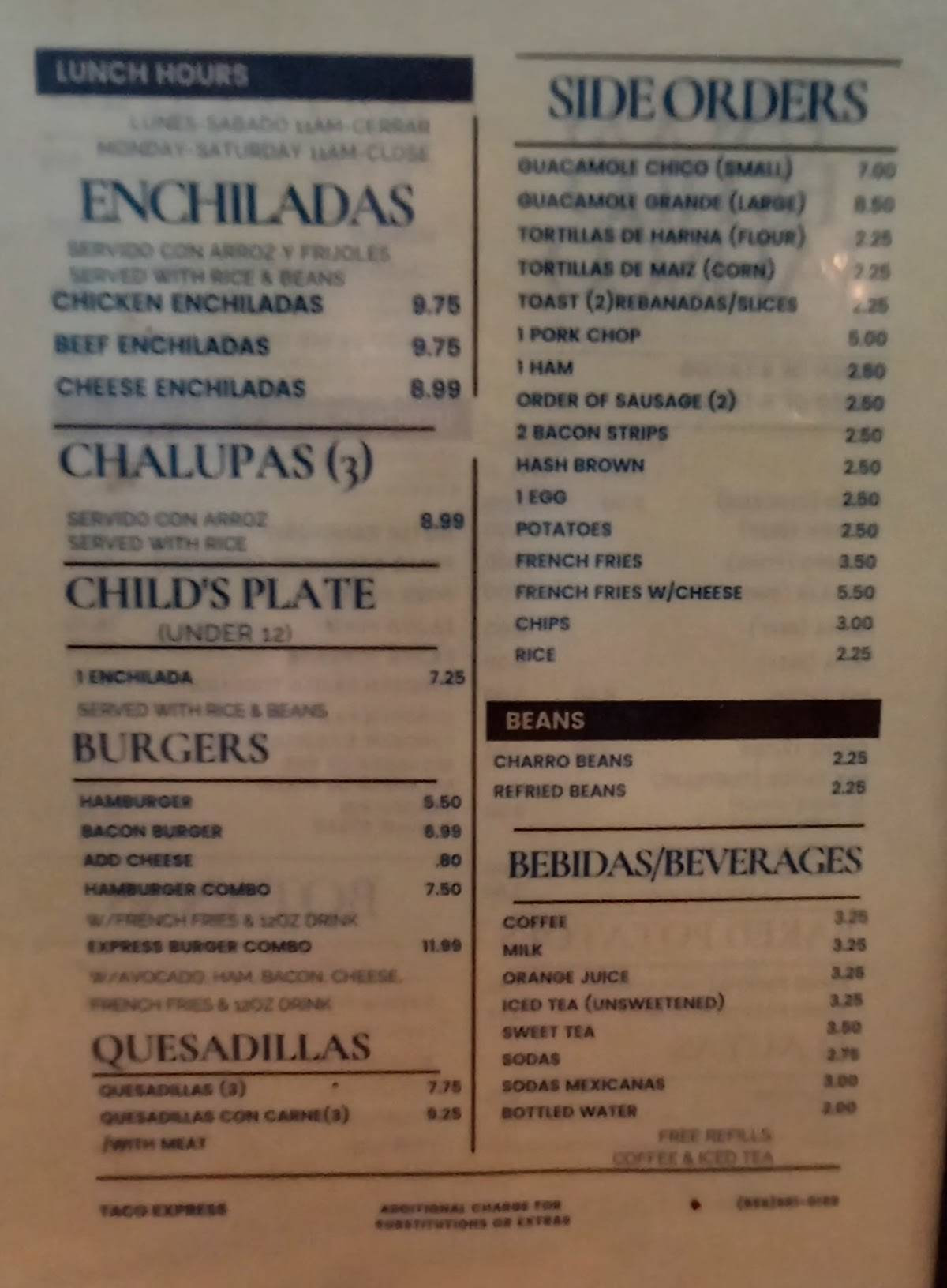 Menu at Taco Express restaurant, Palmview, 105 E Veterans Dr