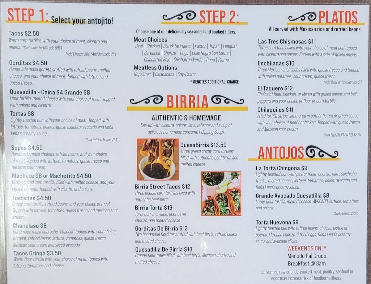 Menu at Tacos Doña Lena restaurant, Houston