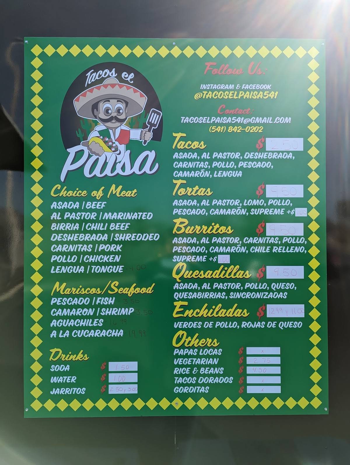 Menu at Tacos El Paisa restaurant, Phoenix, S Pacific Hwy