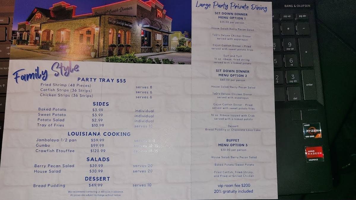 Menu at Tad's Louisiana Cooking pub & bar, Katy