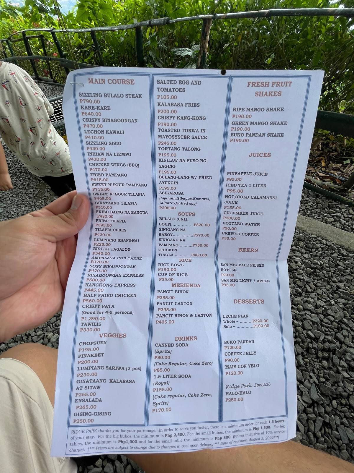 Menu at Ridge Park Kainan sa Kubo restaurant, Tagaytay, 3WXW+X75