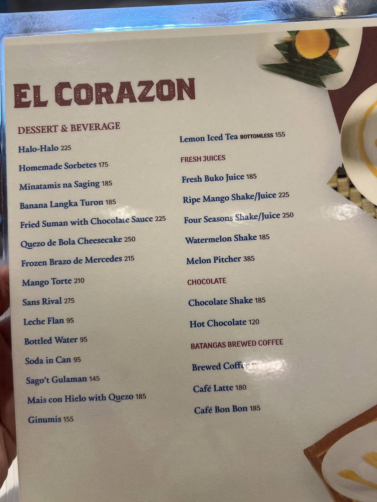 Menu at El Corazon restaurant, Taguig