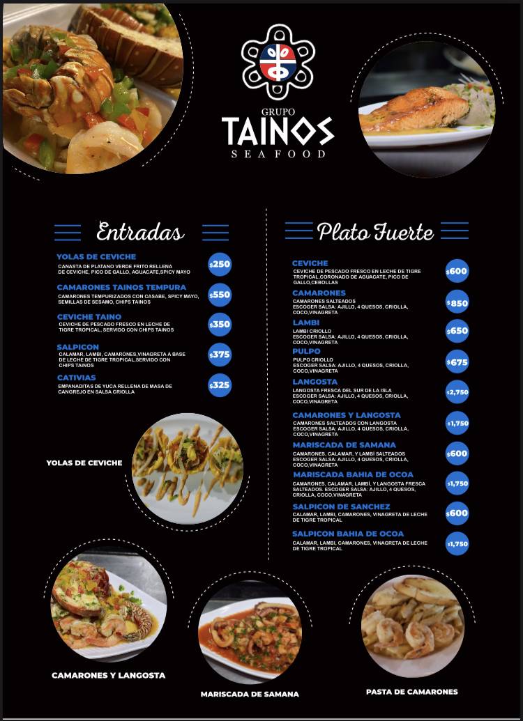 Carta del restaurante Taínos sea food Av. Colombia, Santo Domingo