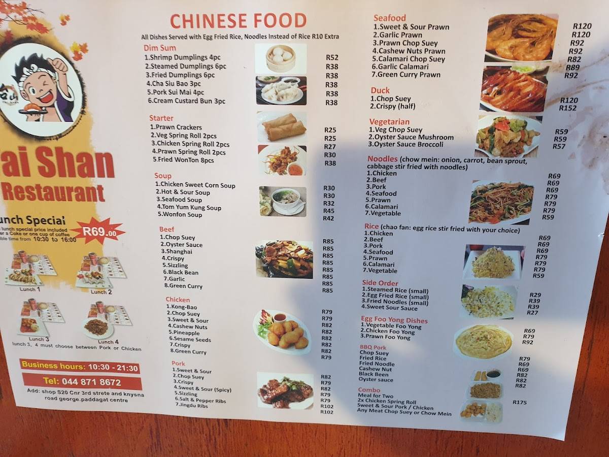 Menu at Taishan restaurant(George Paddagat Centre), George