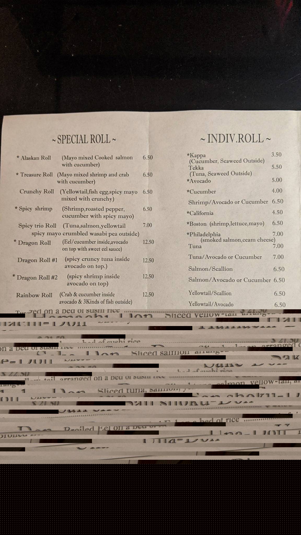 Menu at Taka Sushi restaurant, Westbury