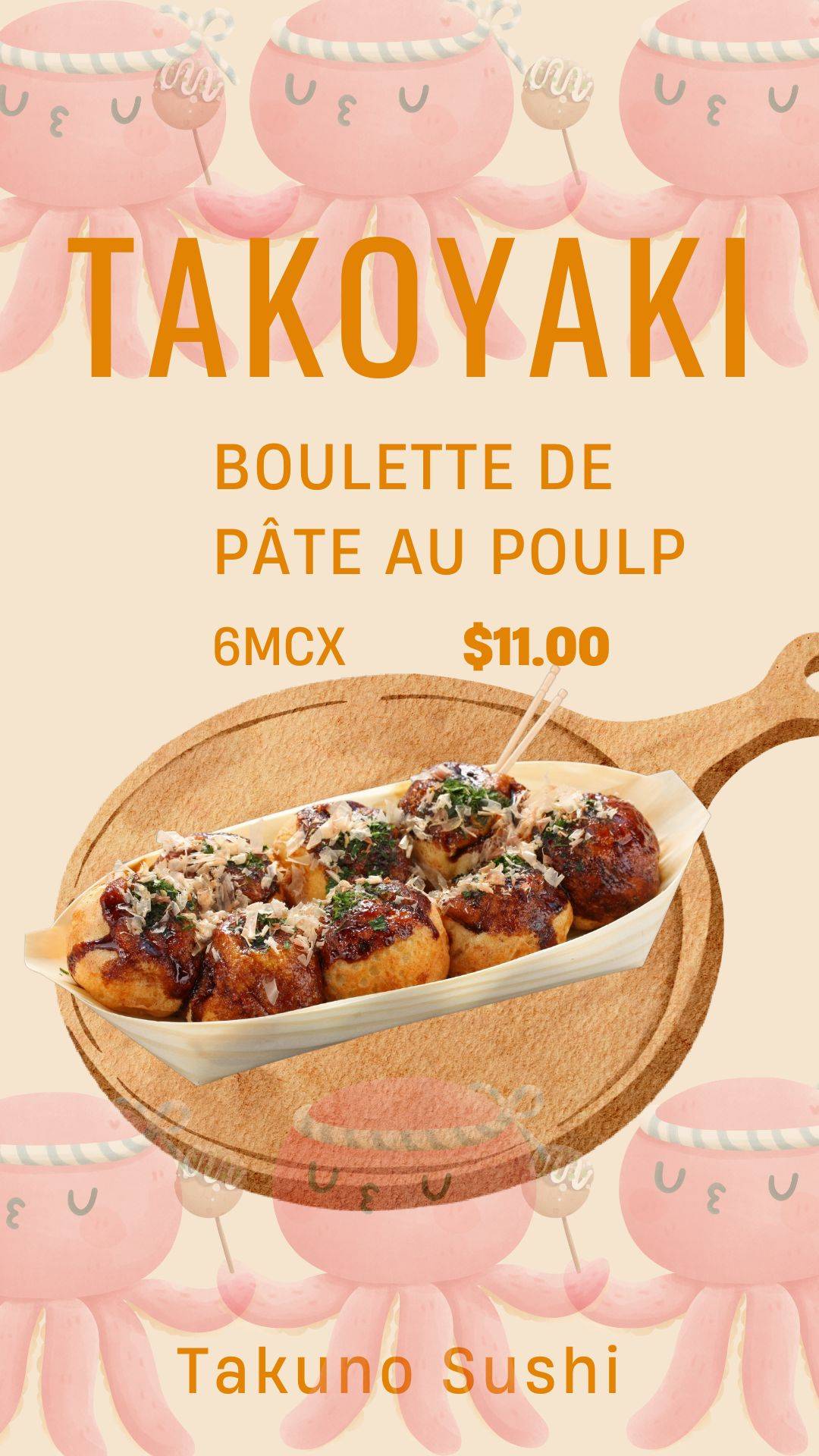 Menu au Takuno sushi restaurant, Québec