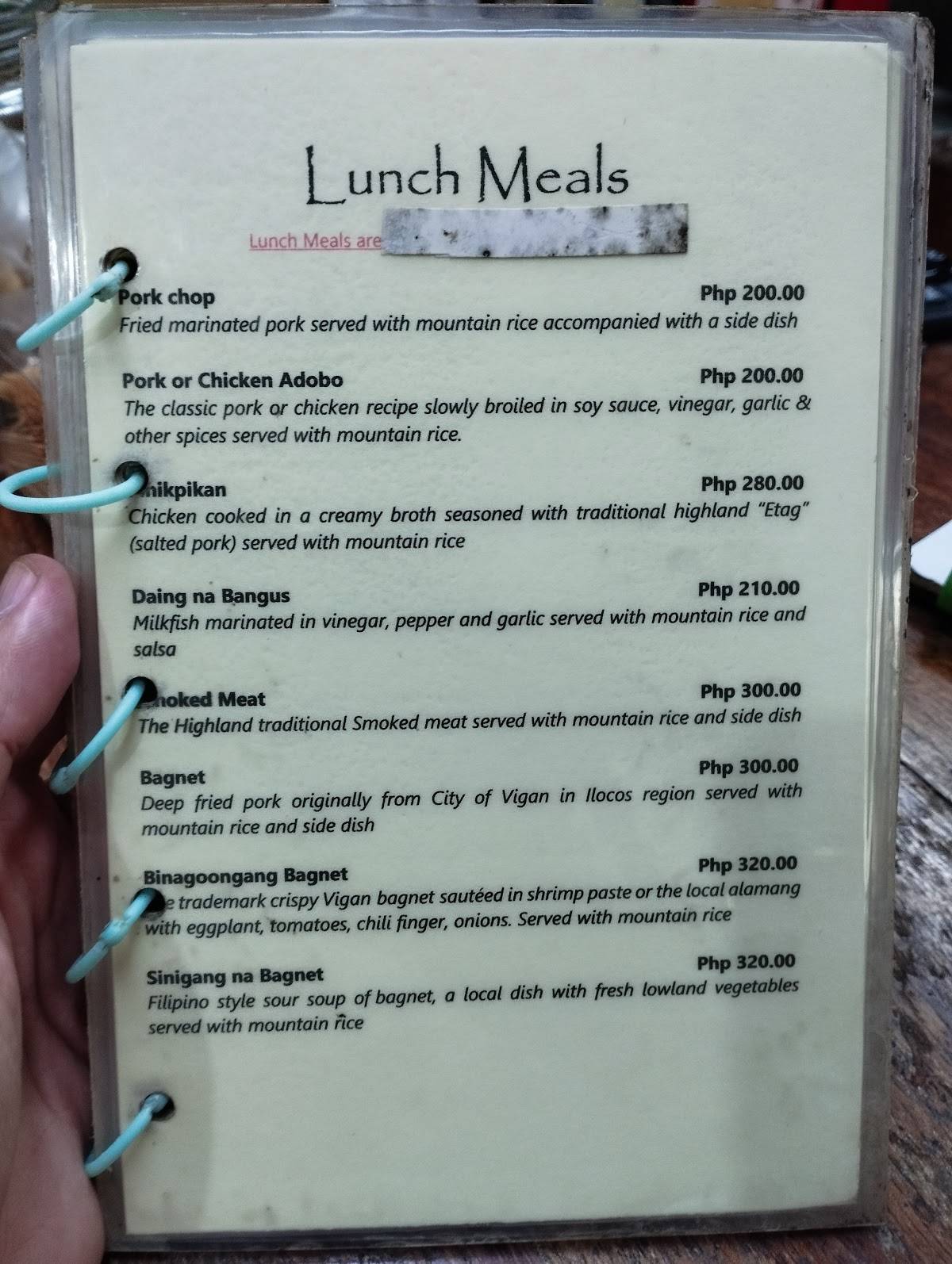 Menu at Tam-awan Cafe and Restaurant, Baguio