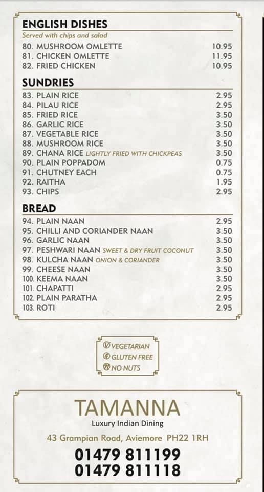 Menu at Tamanna Indian restaurant, Aviemore