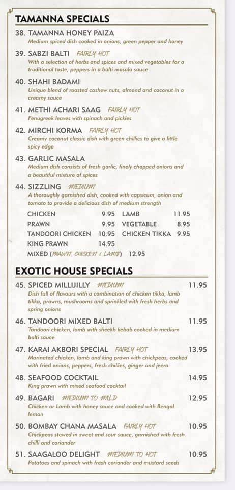 Menu at Tamanna Indian restaurant, Aviemore