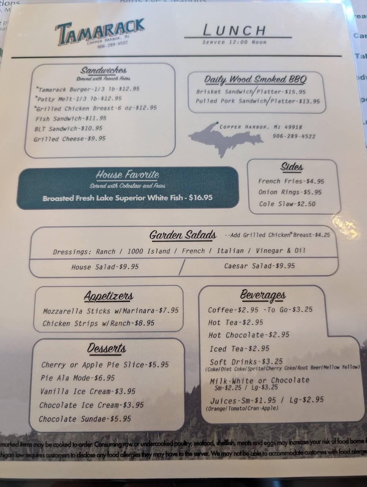 Menu at Tamarack Inn Restaurant, Copper Harbor