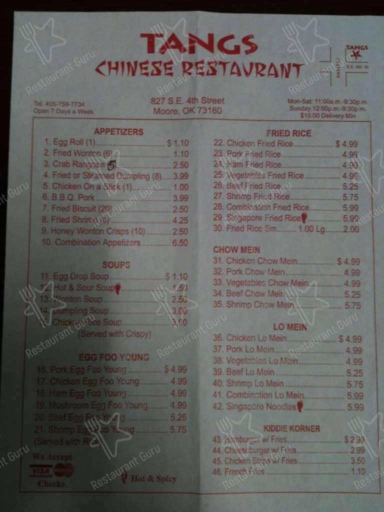Menu at Tang's Restaurant, Moore