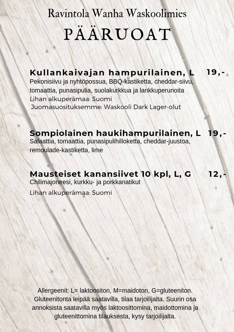 Menu at Wanha Waskoolimies restaurant, Tankavaara