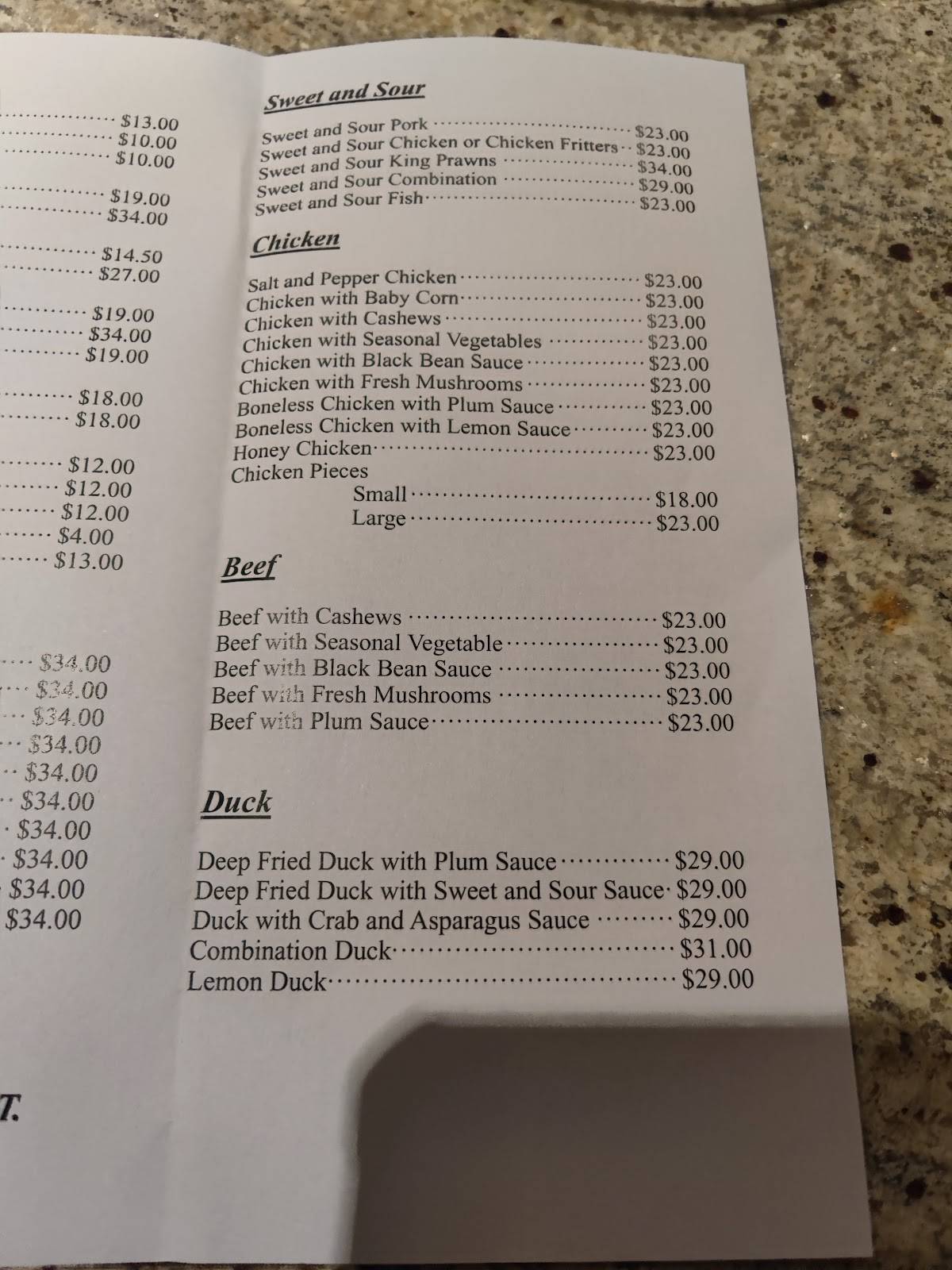 Menu at Tan’s Chinese Restaurant, Griffith
