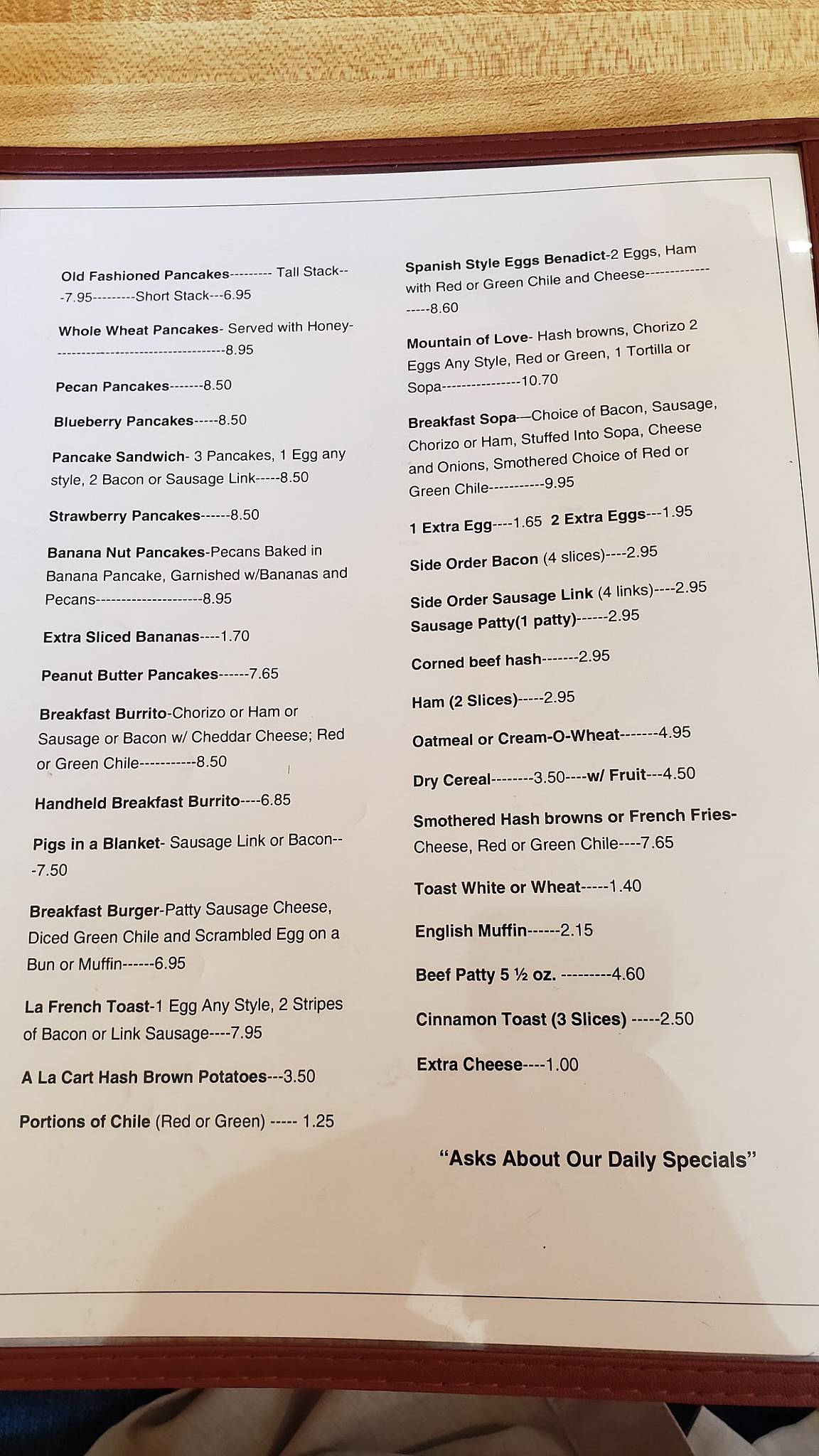 Menu at Ricky's restaurant, Taos