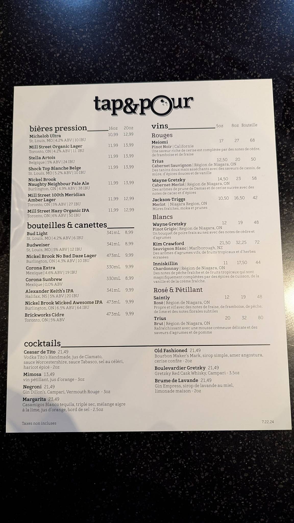 Menu at Tap & Pour pub & bar, Mississauga, Silver Dart Drive