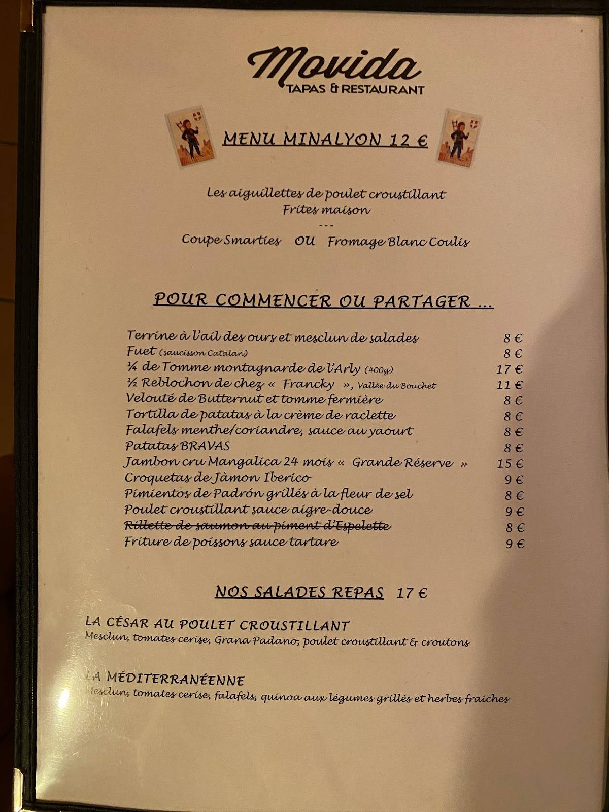 Menu au Movida restaurant, Le Grand-Bornand