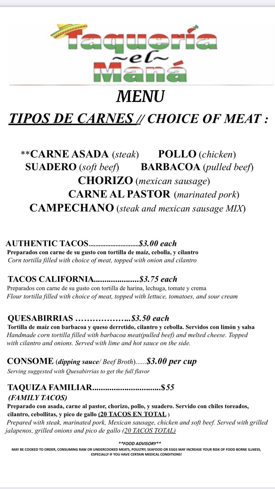 Menu at Taqueria El Mana restaurant, Valdese