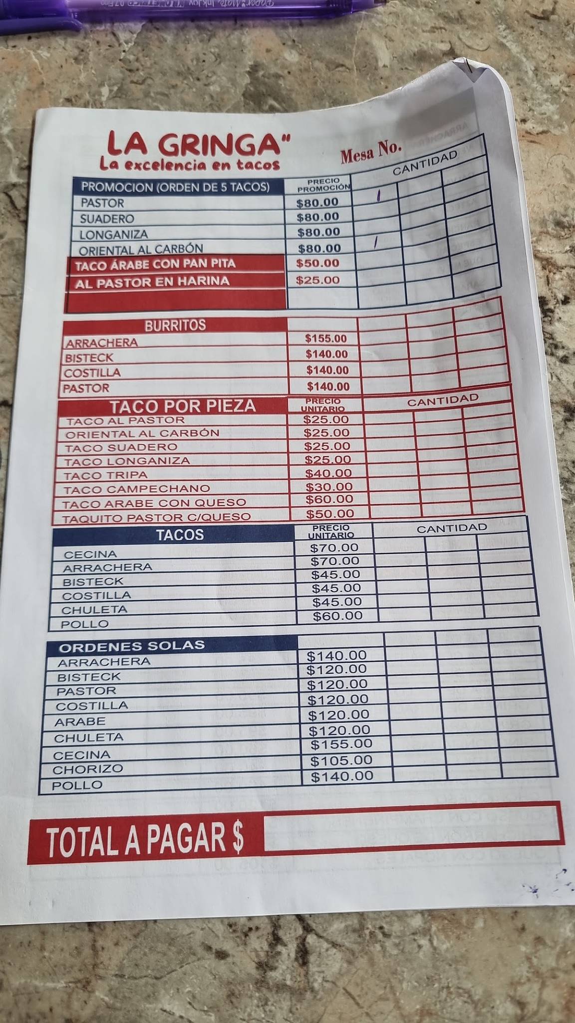 Carta del restaurante Taquería La Gringa 3, Temixco