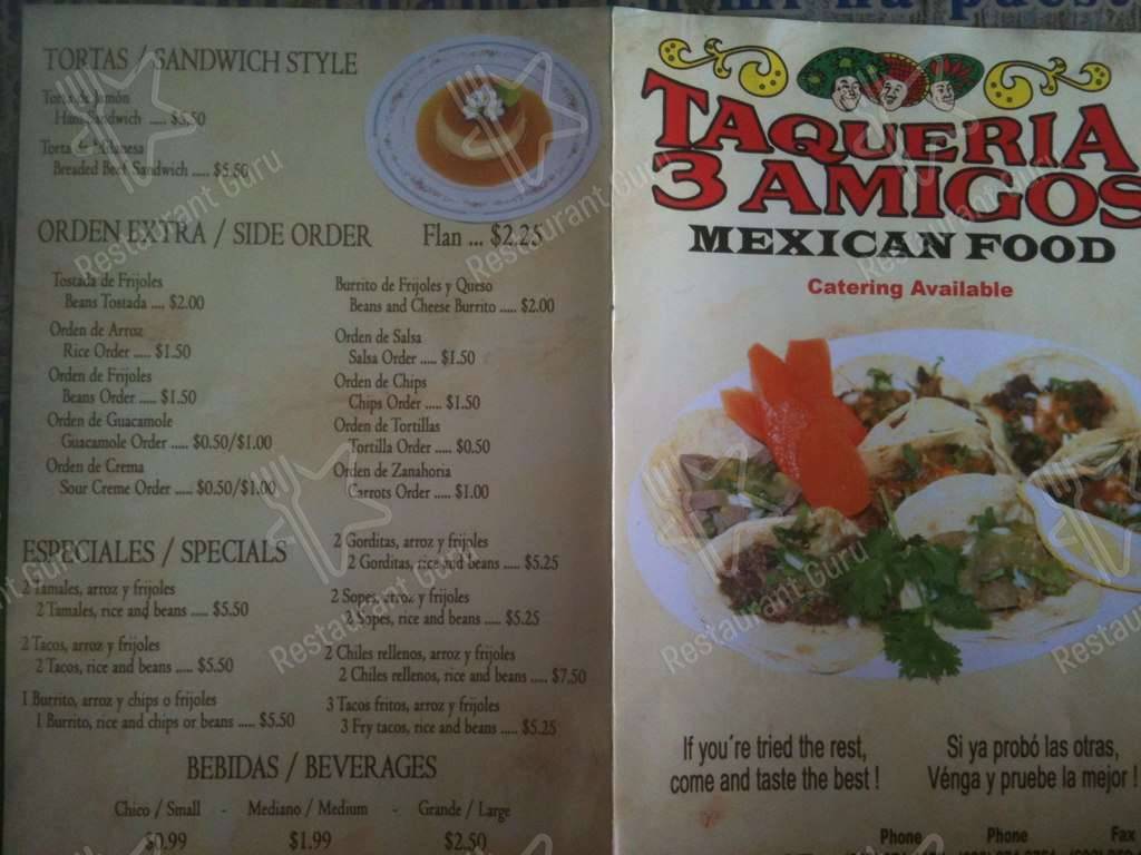 Menu at Taqueria Tres Amigos restaurant, Phoenix
