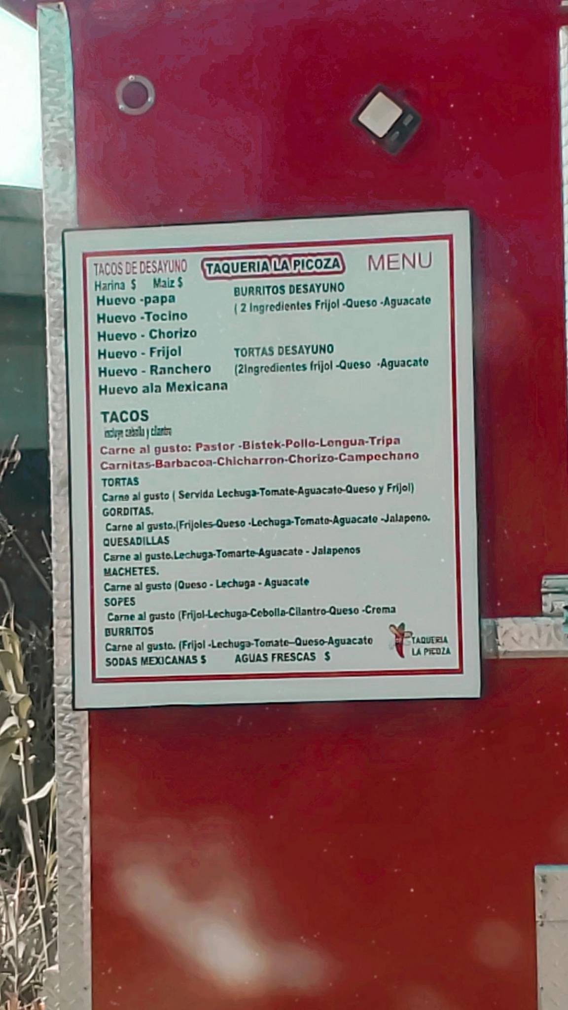Carta del restaurante Taqueria la picoza, Lockhart