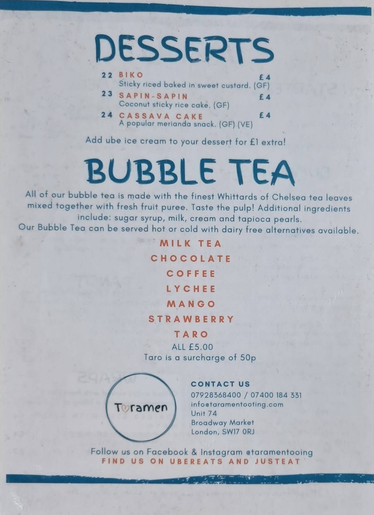 Menu at Taramen Noodle Ramen Bar, London