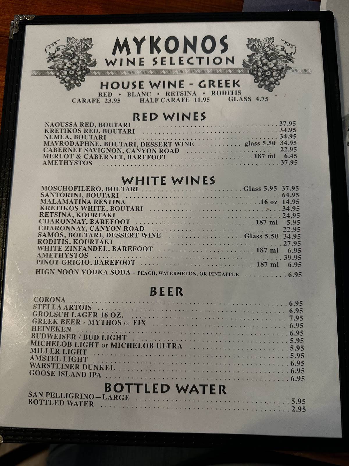 Menu at Mykonos restaurant, Tarpon Springs