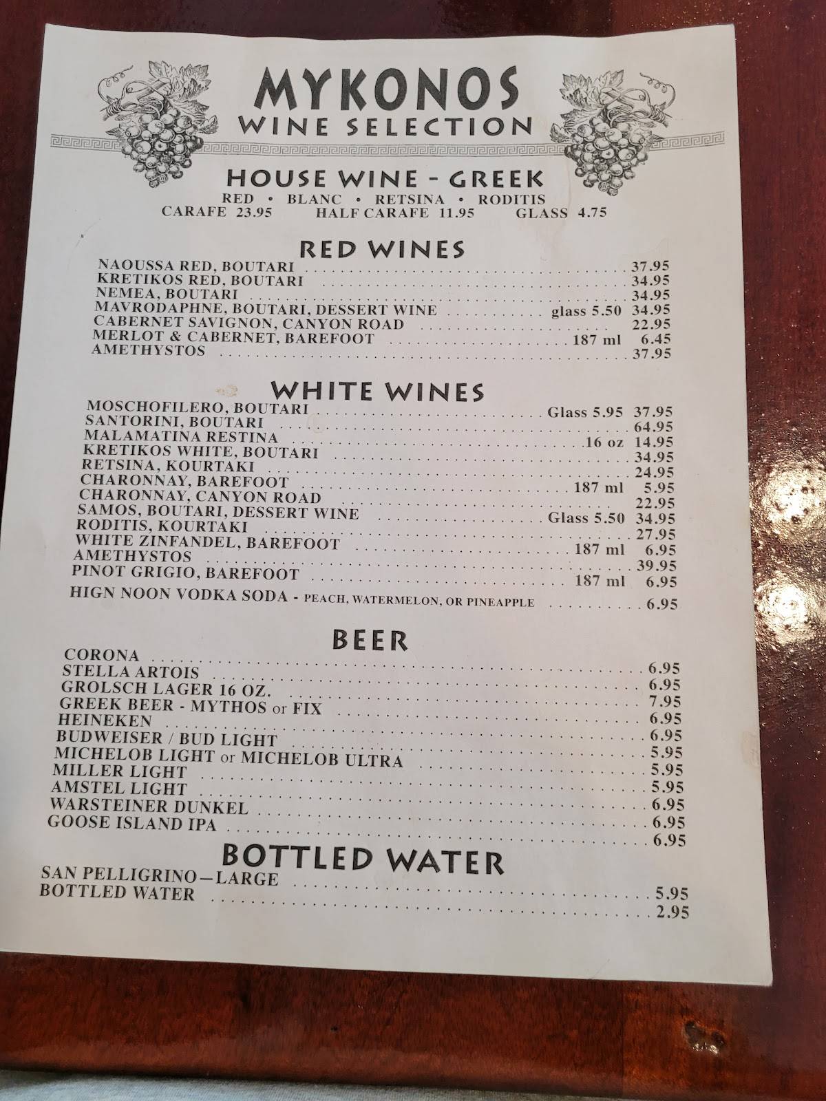 Menu at Mykonos restaurant, Tarpon Springs