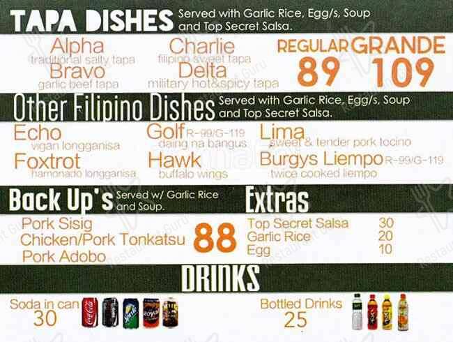 Menu at Task Force Tapa restaurant, Antipolo