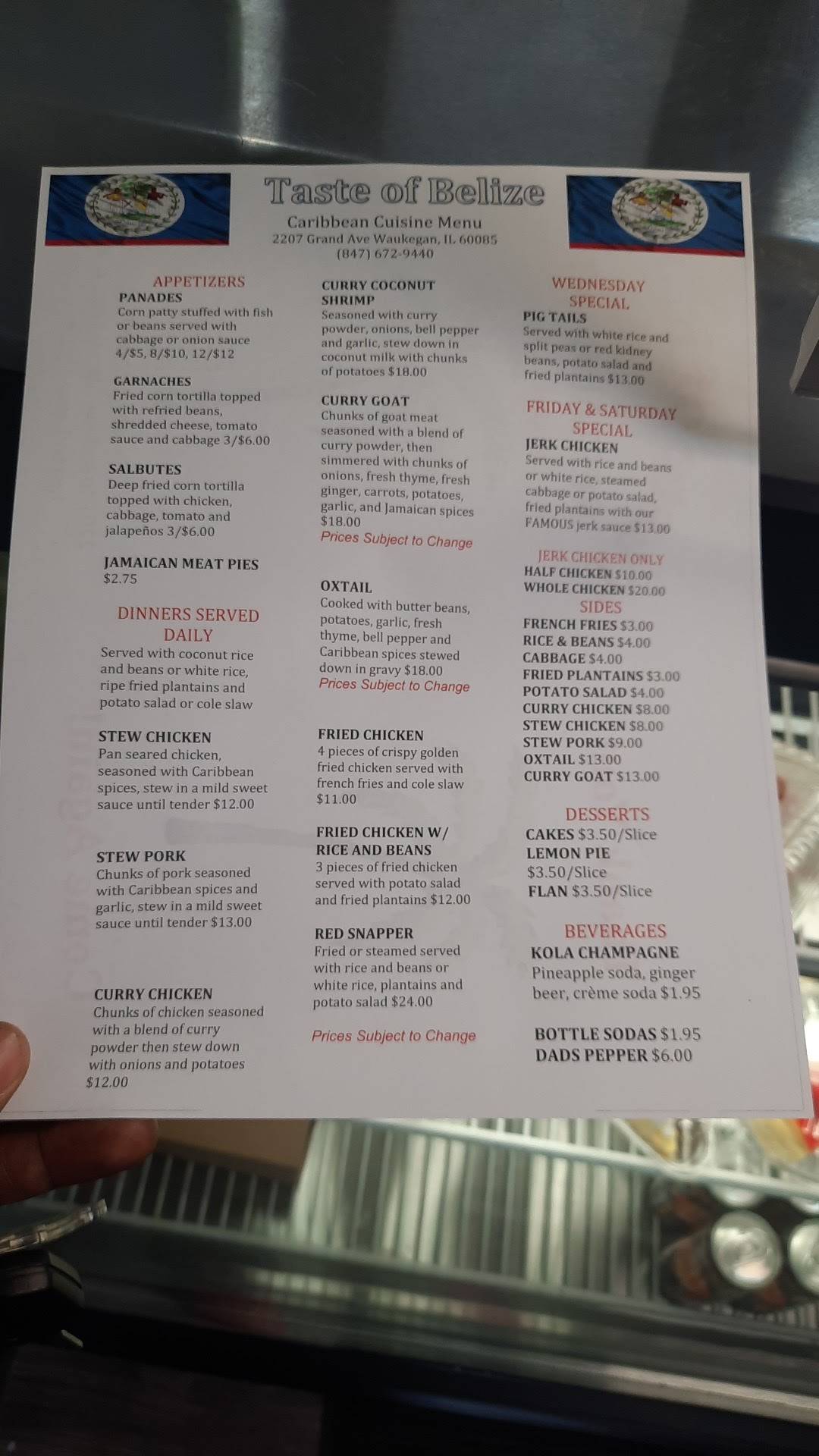 Menu at Taste Of Belize restaurant, Waukegan, Grand Ave