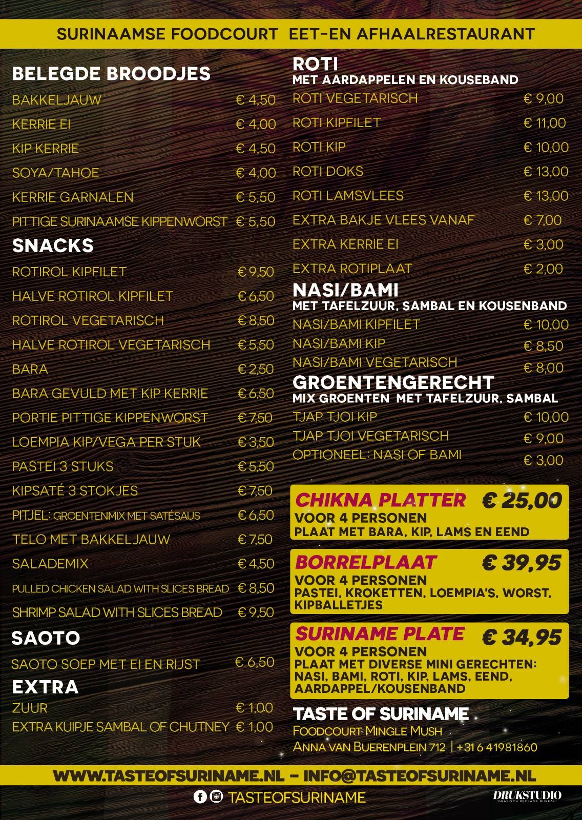 Speisekarte von Taste of Suriname, Den Haag