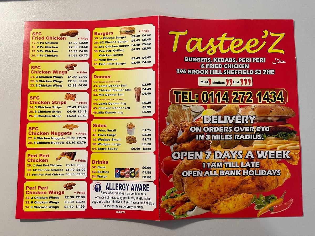 Menu at Tasteez fast food, Sheffield