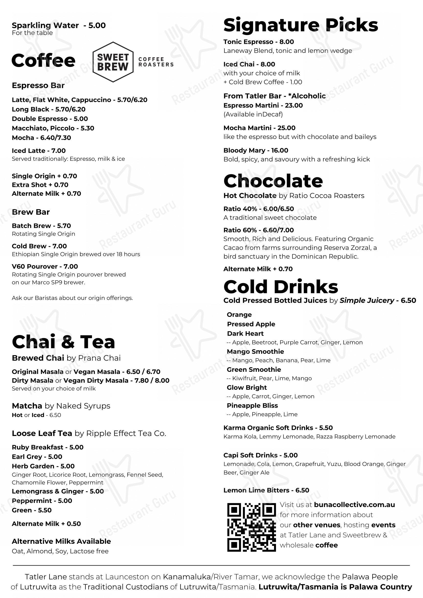 Menu at Tatler Lane by Sweetbrew cafe, Launceston, 5/74-82 St John St