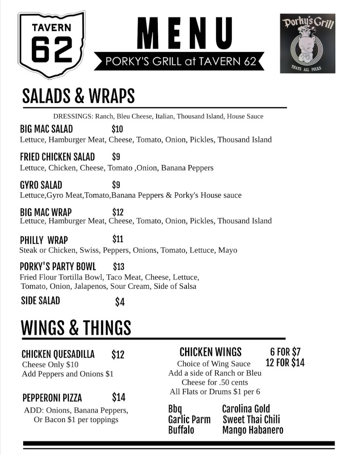 Menu at Tavern 62 pub & bar, Orient